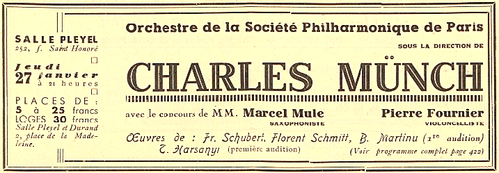 Charles Munch Marcel Mule program January 1938 | Florent Schmitt